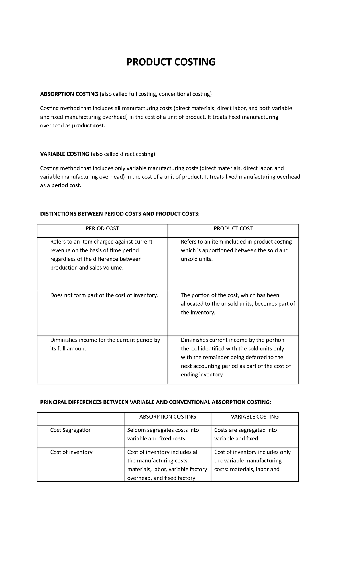 Absorption and Variable Costing methods - PRODUCT COSTING ABSORPTION ...