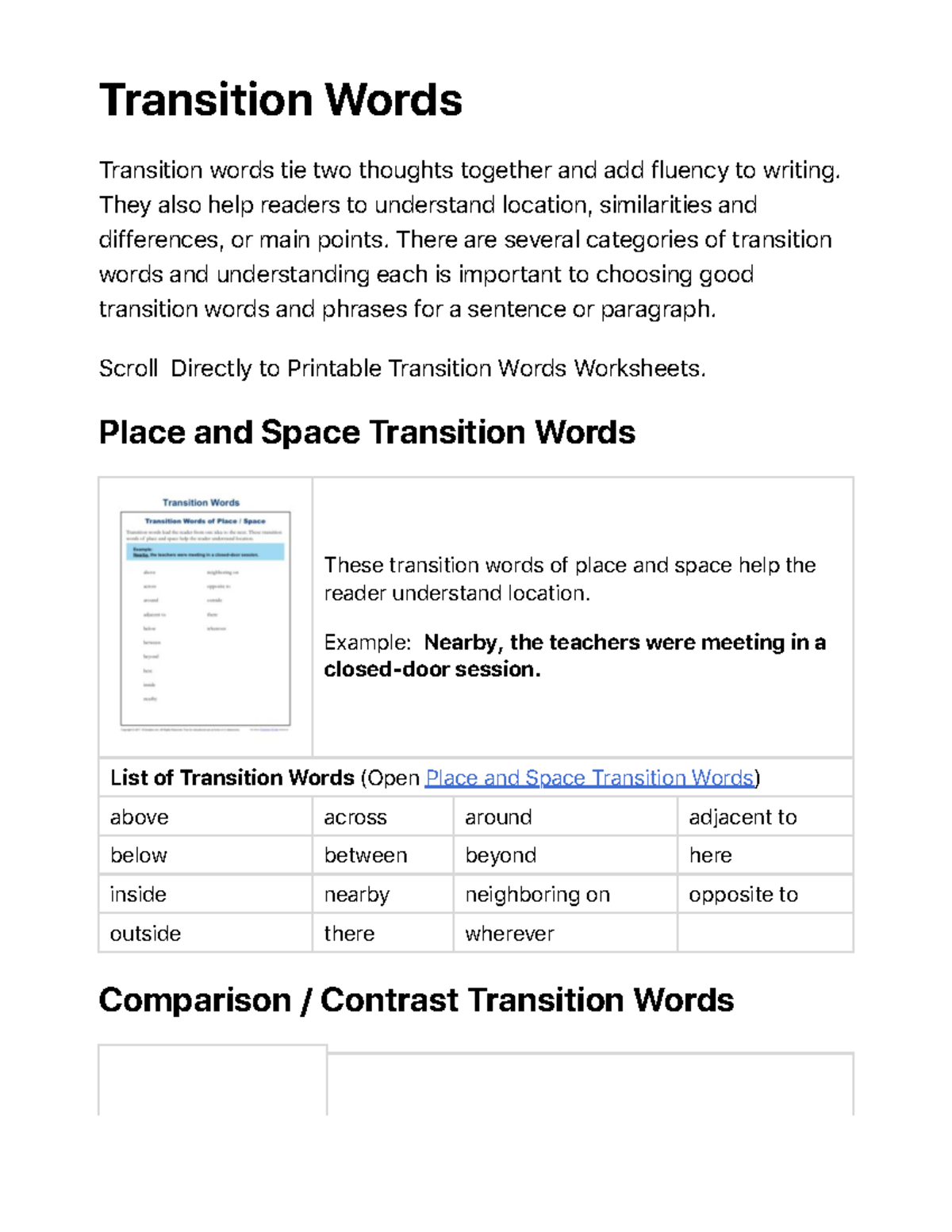 Transition Words - Resources & Worksheets K12Reader - Transition Words ...