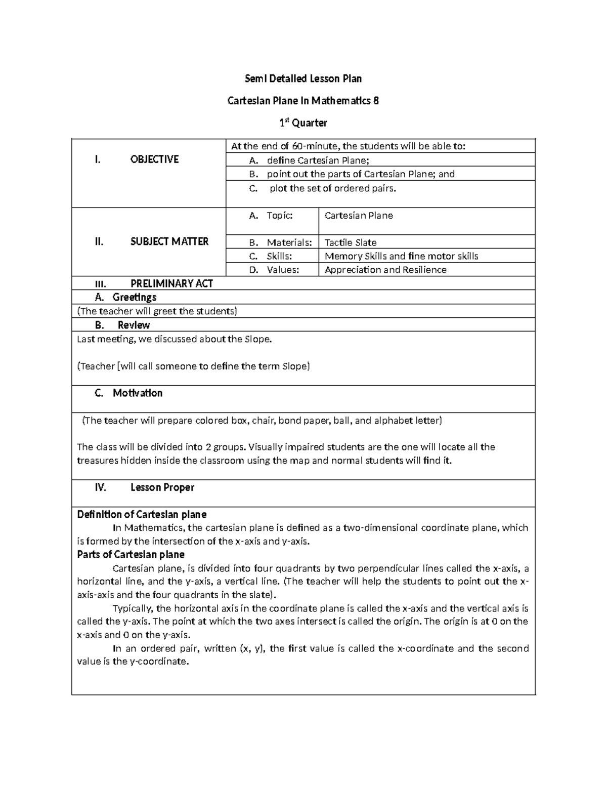 Semi-Detailed-Lesson-Plan - Semi Detailed Lesson Plan Cartesian Plane ...