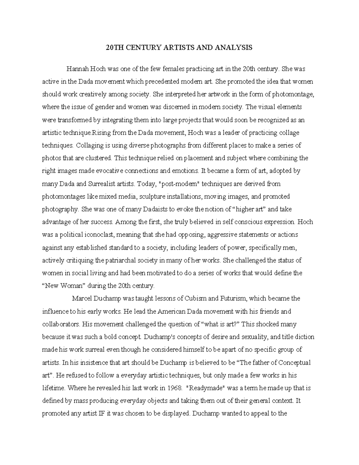 ART History 101-20TH Century Artists AND Analysis - 20TH CENTURY ...