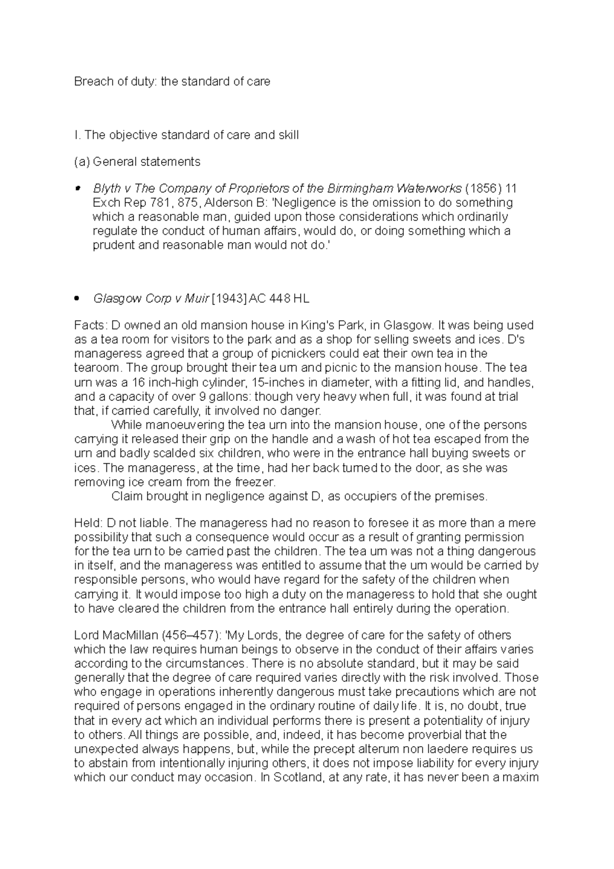 Breach Of Duty Tort Law Breach Of Duty The Standard Of Care I The
