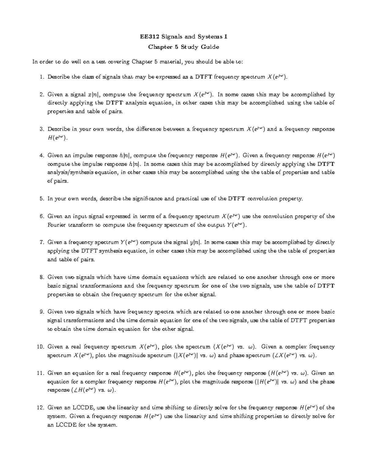 Chapter 5 - Summary Signals & Systems I - EE312 Signals and Systems I ...