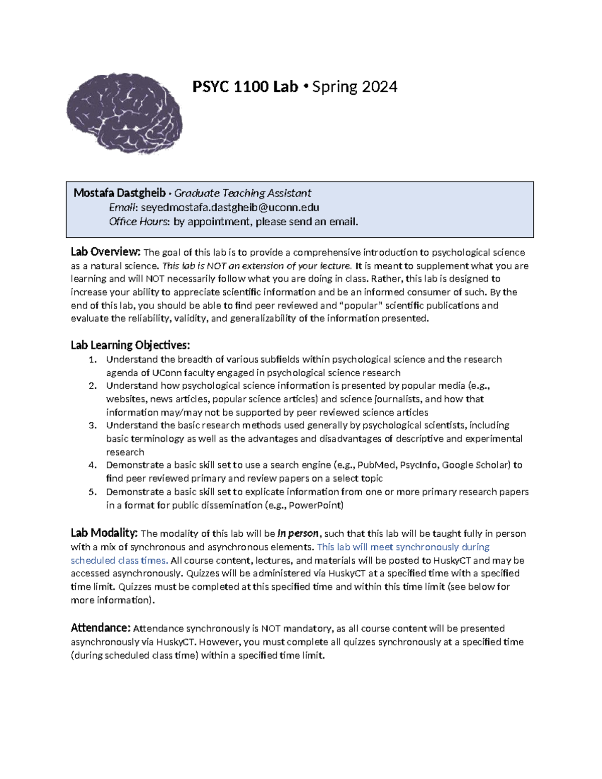 Syllabus Spring 2024 PSYC 1100 Lab - PSYC 1100 Lab · Spring 2024 Lab Overview: The goal of this ...