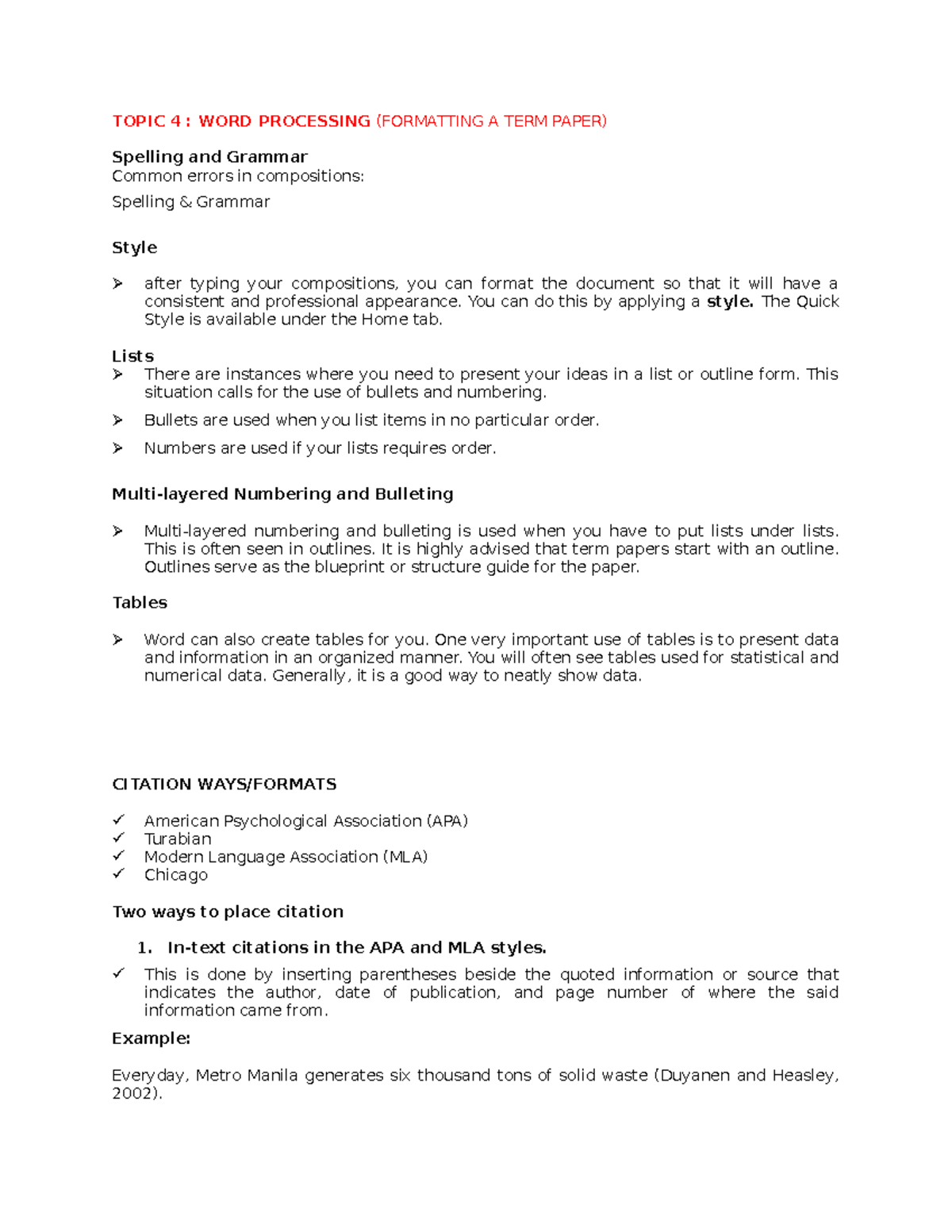 Basic computer topic 4 - TOPIC 4 : WORD PROCESSING (FORMATTING A TERM ...