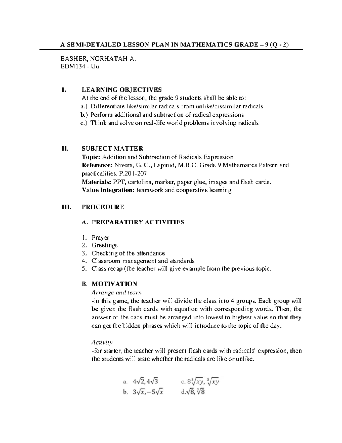 SDLP- Basher - semi detailed lesson plan - A SEMI-DETAILED LESSON PLAN IN MATHEMATICS GRADE – 9 ...
