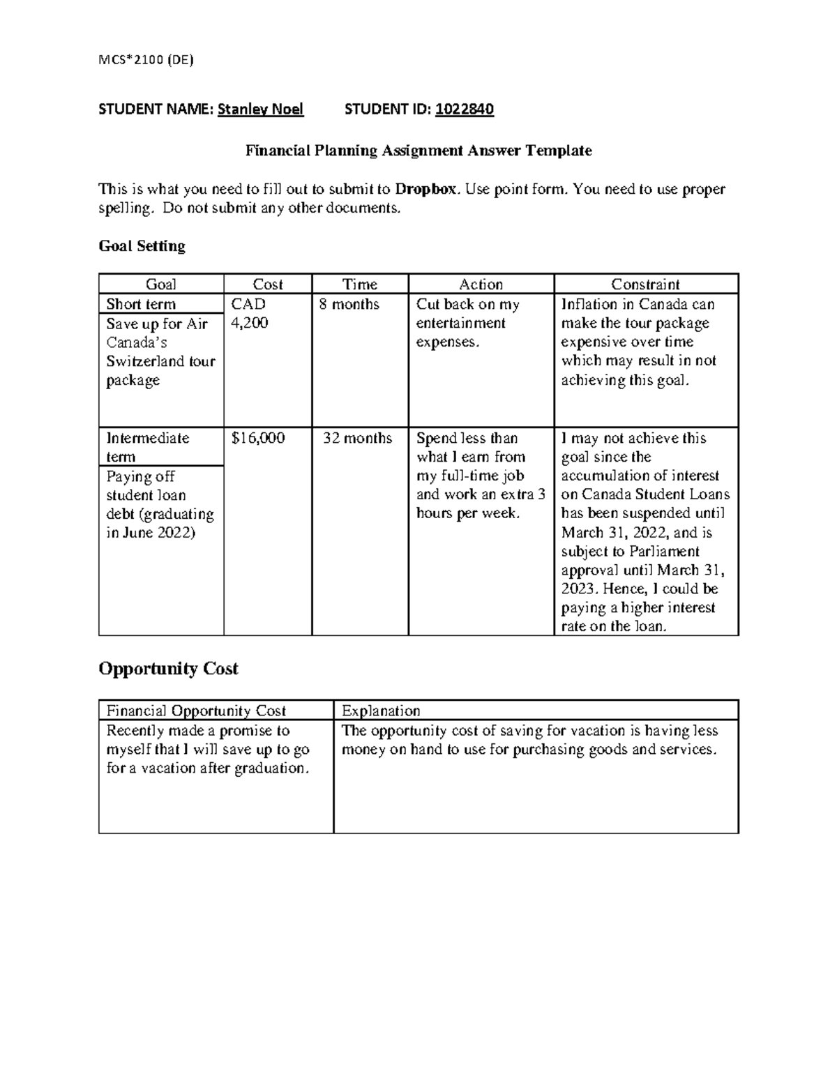 Noel Stanley Financial Planning Assignment - STUDENT NAME: Stanley Noel ...
