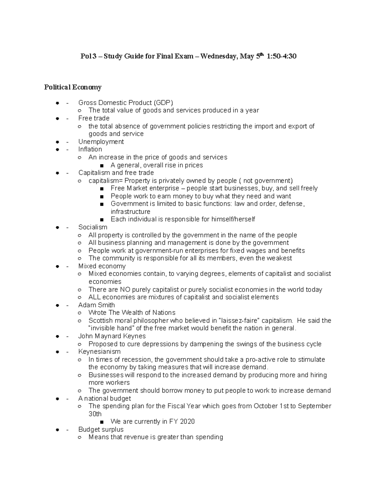 POL 3 Exam #3 Study Guide - Pol 3 – Study Guide for Final Exam ...