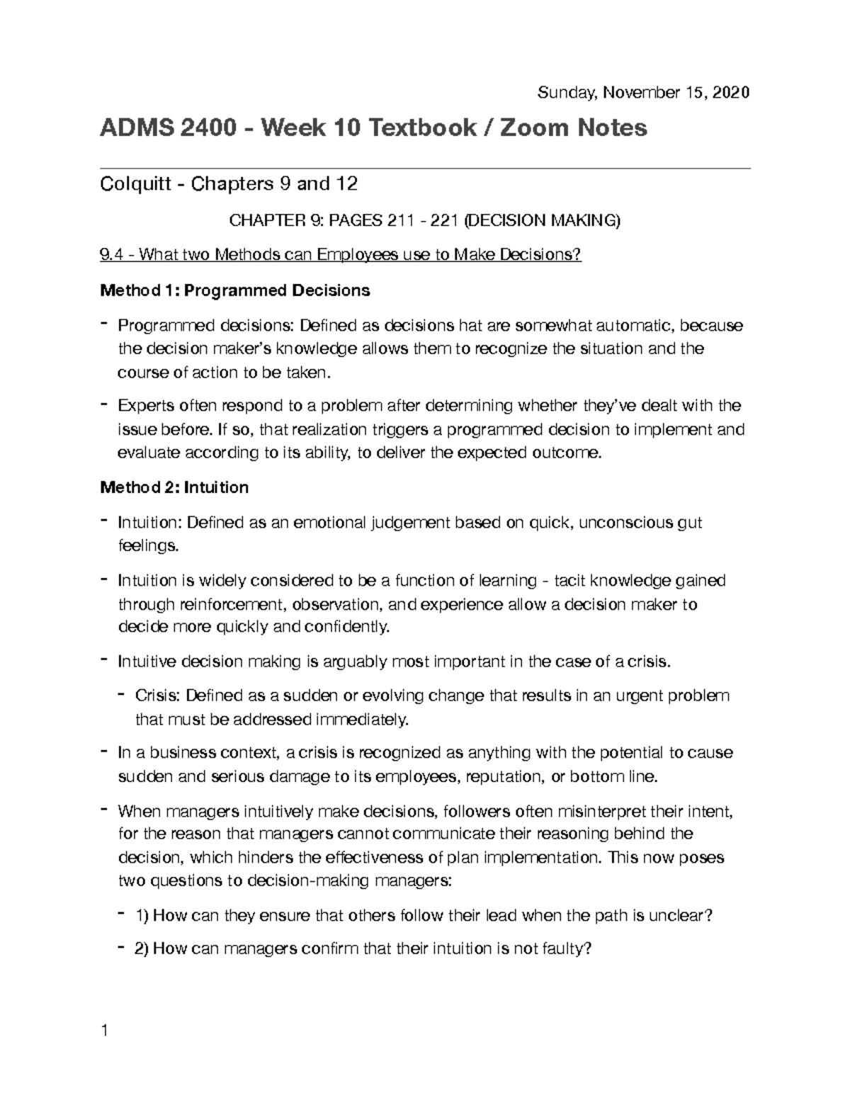 ADMS 2400 - Week 10 Textbook Zoom Notes - ADMS 2400 - Week 10 Textbook ...