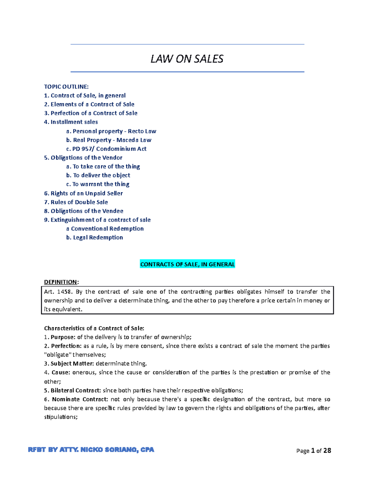 Sales- Notes - FRIA - LAW ON SALES TOPIC OUTLINE: Contract of Sale, in ...