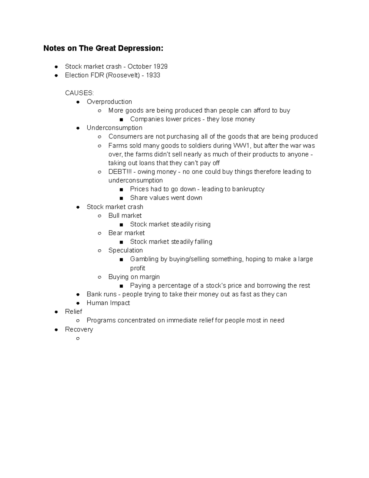 Great depression notes - Notes on The Great Depression: Stock market ...
