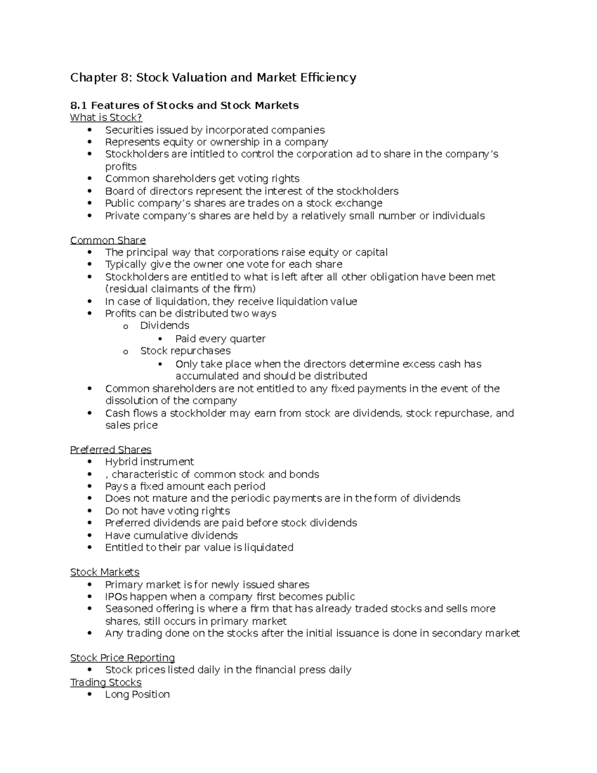 Chpater 8 Textbook - Chapter 8: Stock Valuation and Market Efficiency 8 ...