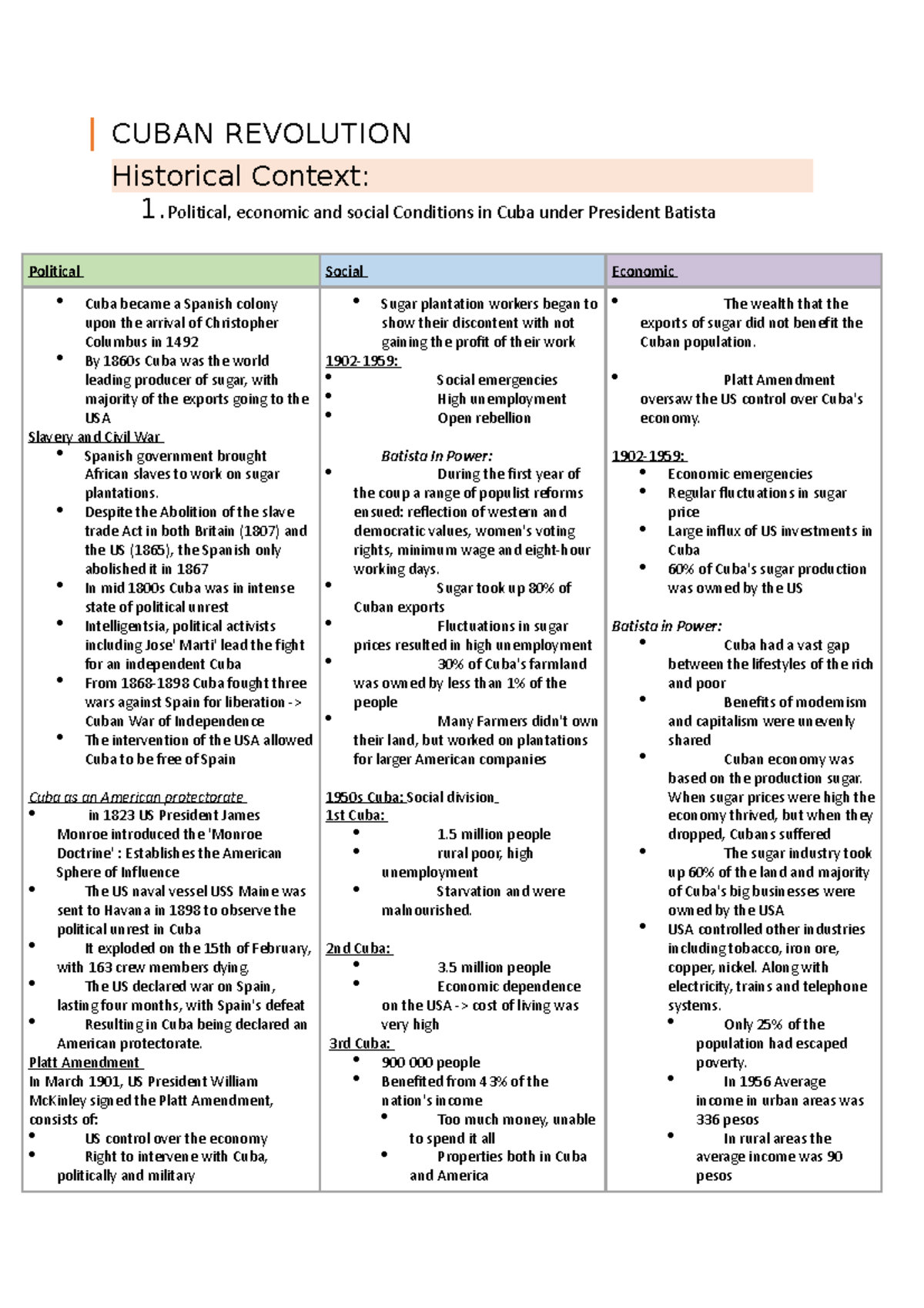 Cuban Revolution NOtes - CUBAN REVOLUTION Historical Context: 1 ...