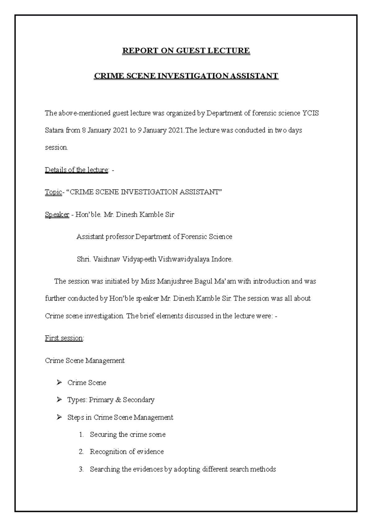 Report ON Crime Scene Investigation Assistant - REPORT ON GUEST LECTURE ...