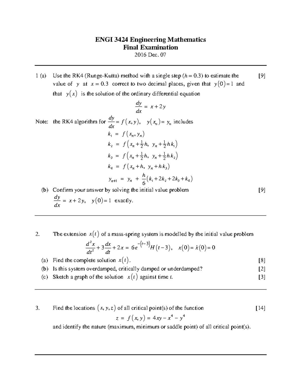 Final Exam 2016 - ENGI 3424 Engineering Mathematics Final Examination ...