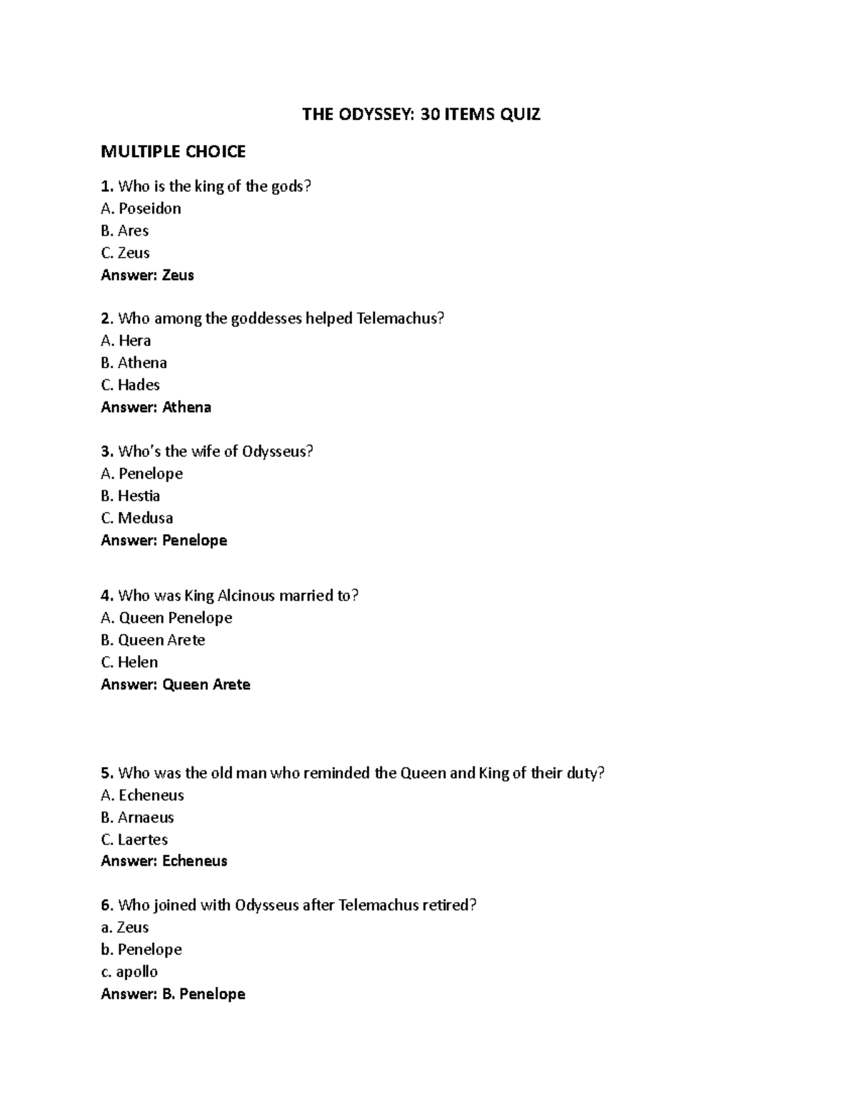 THE- Odyssey-QUIZ Homer Group-2 - THE ODYSSEY: 30 ITEMS QUIZ MULTIPLE ...