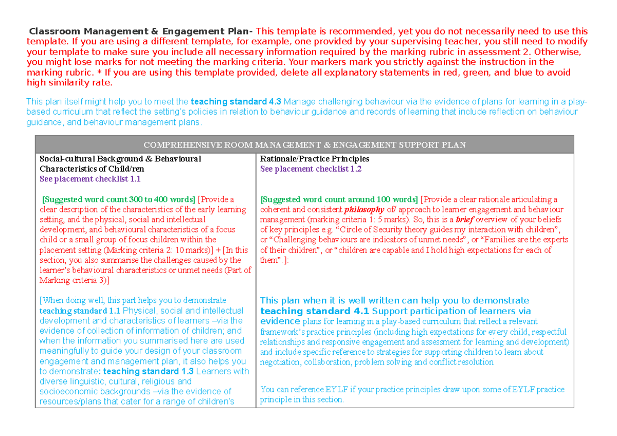 EDET211 Classroom Engagement Management Plan Template - Classroom ...
