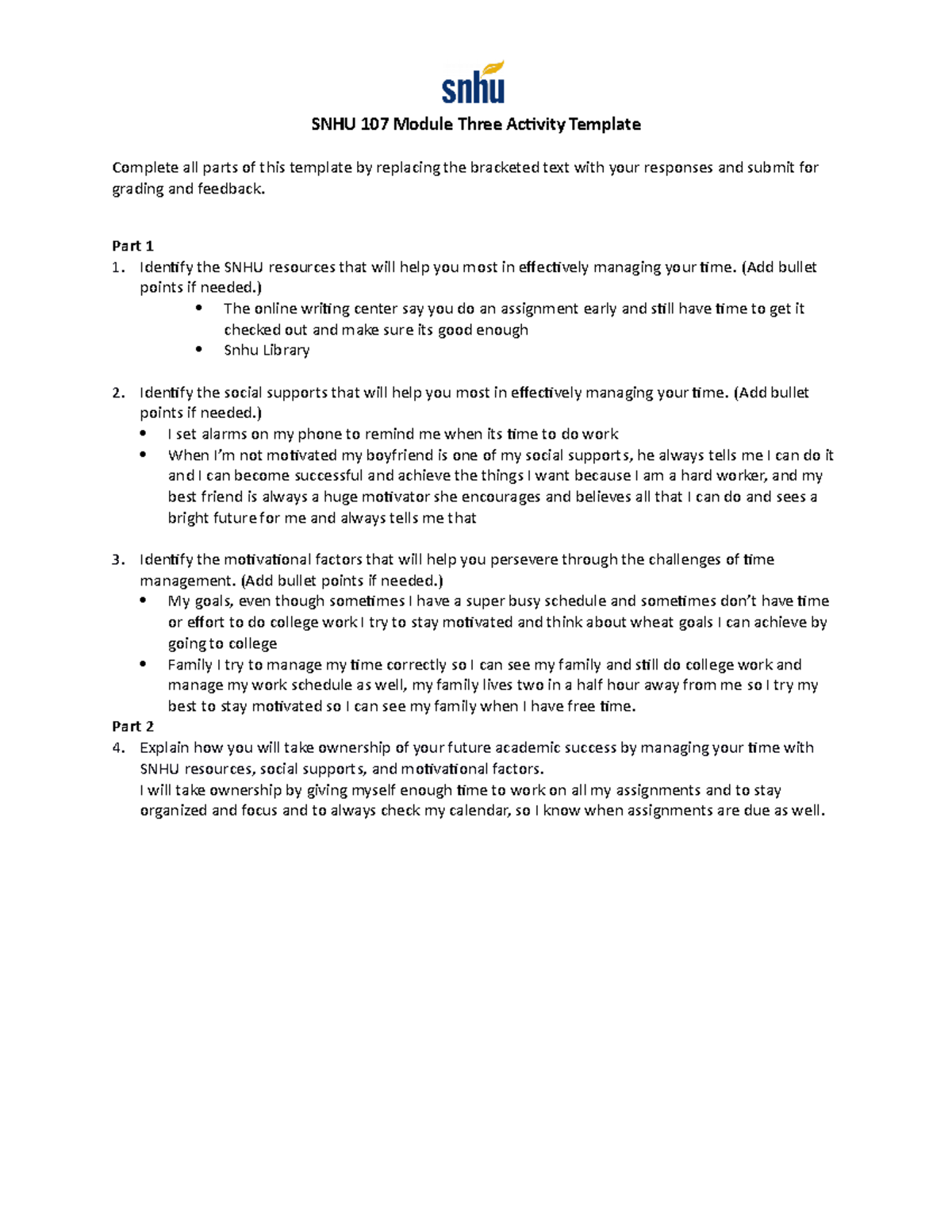 Module Three Activity Template - Part 1 1. Identify the SNHU resources ...