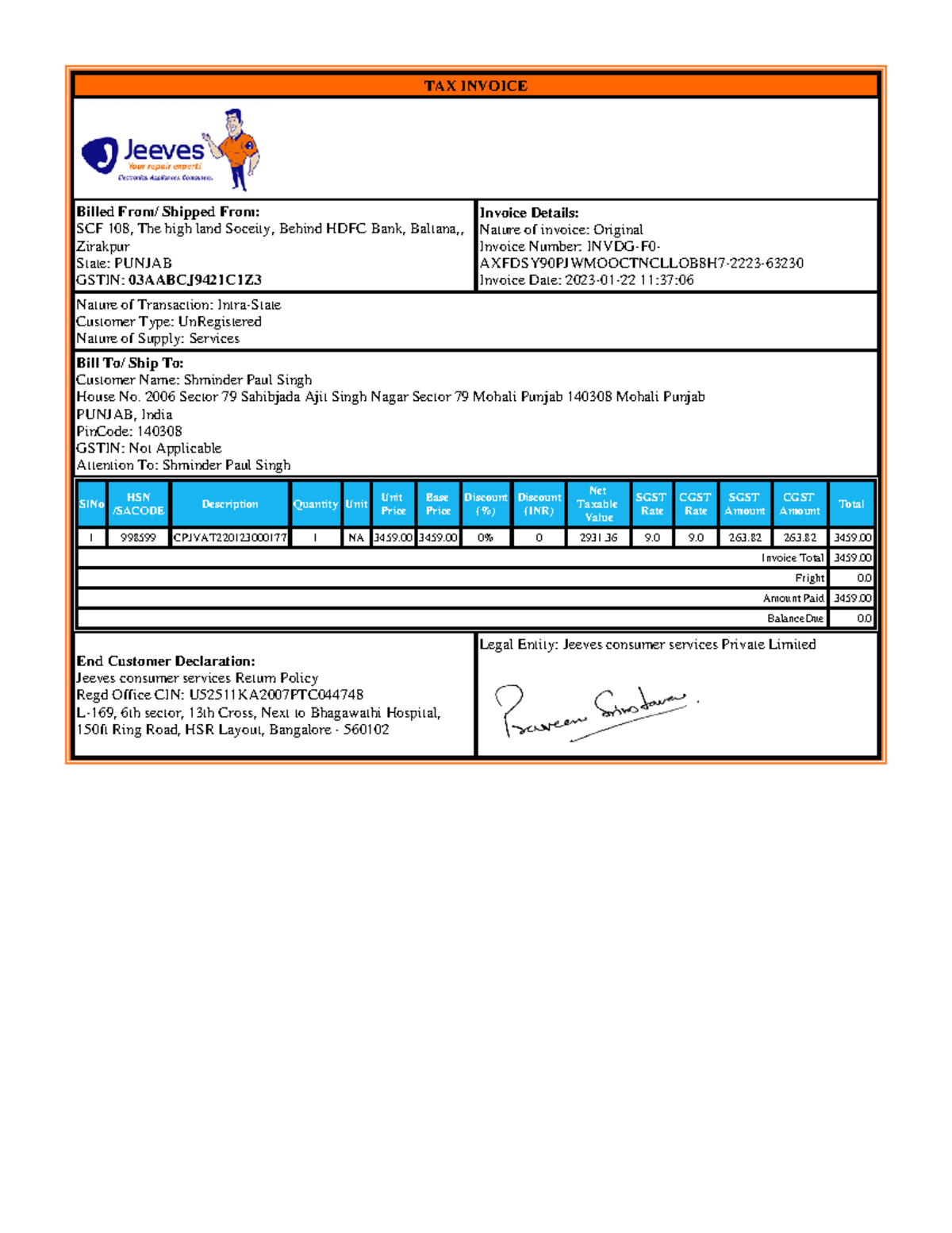 2851407192 - TAX INVOICE Billed From/ Shipped From: SCF 108, The high ...