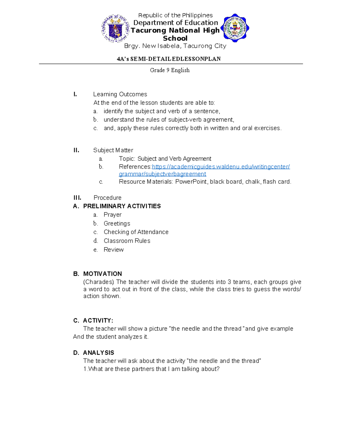 LP SVA pre final - none - 4A’s SEMI-DETAILEDLESSONPLAN I. Learning ...