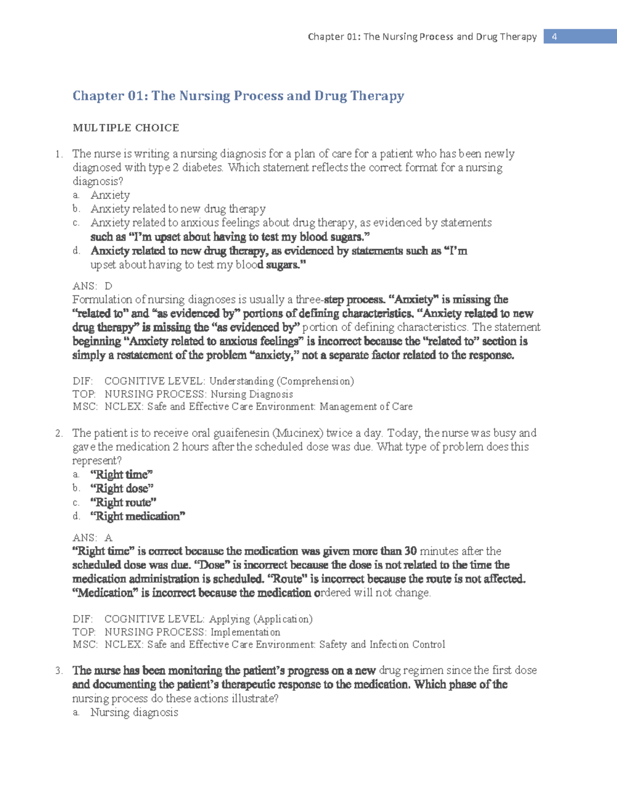 Chapter 1 practice - Chapter 01: The Nursing Process and Drug Therapy ...