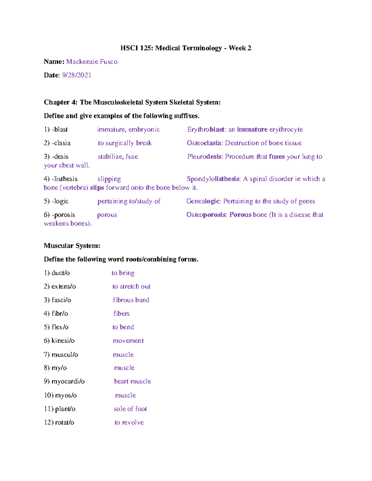 HSCI 125 Week 2 Assignment - HSCI 125: Medical Terminology - Week 2 ...