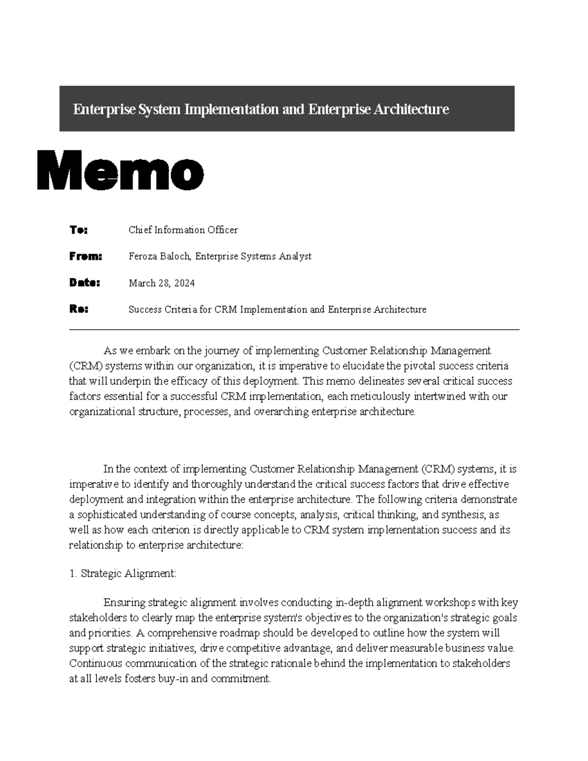 Enterprise architecture memo - Enterprise System Implementation and ...