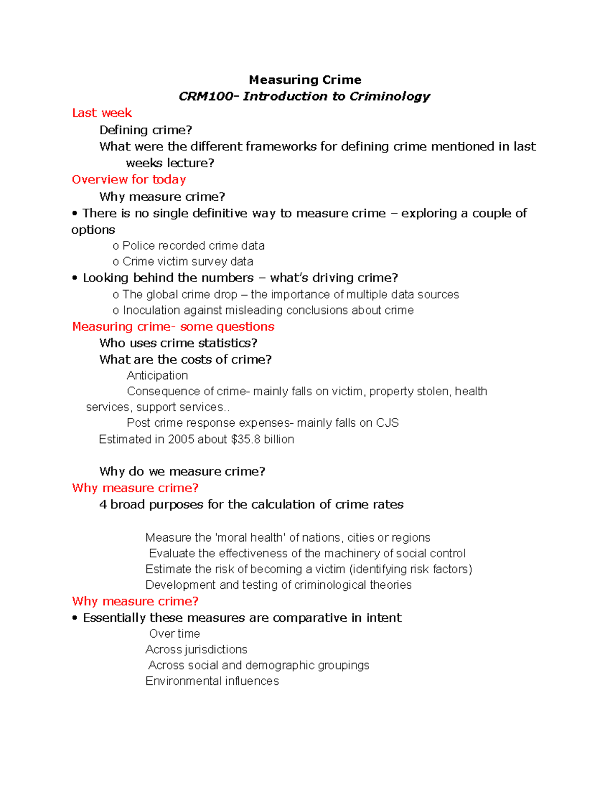 Measuring Crime - Measuring Crime CRM100- Introduction to Criminology ...