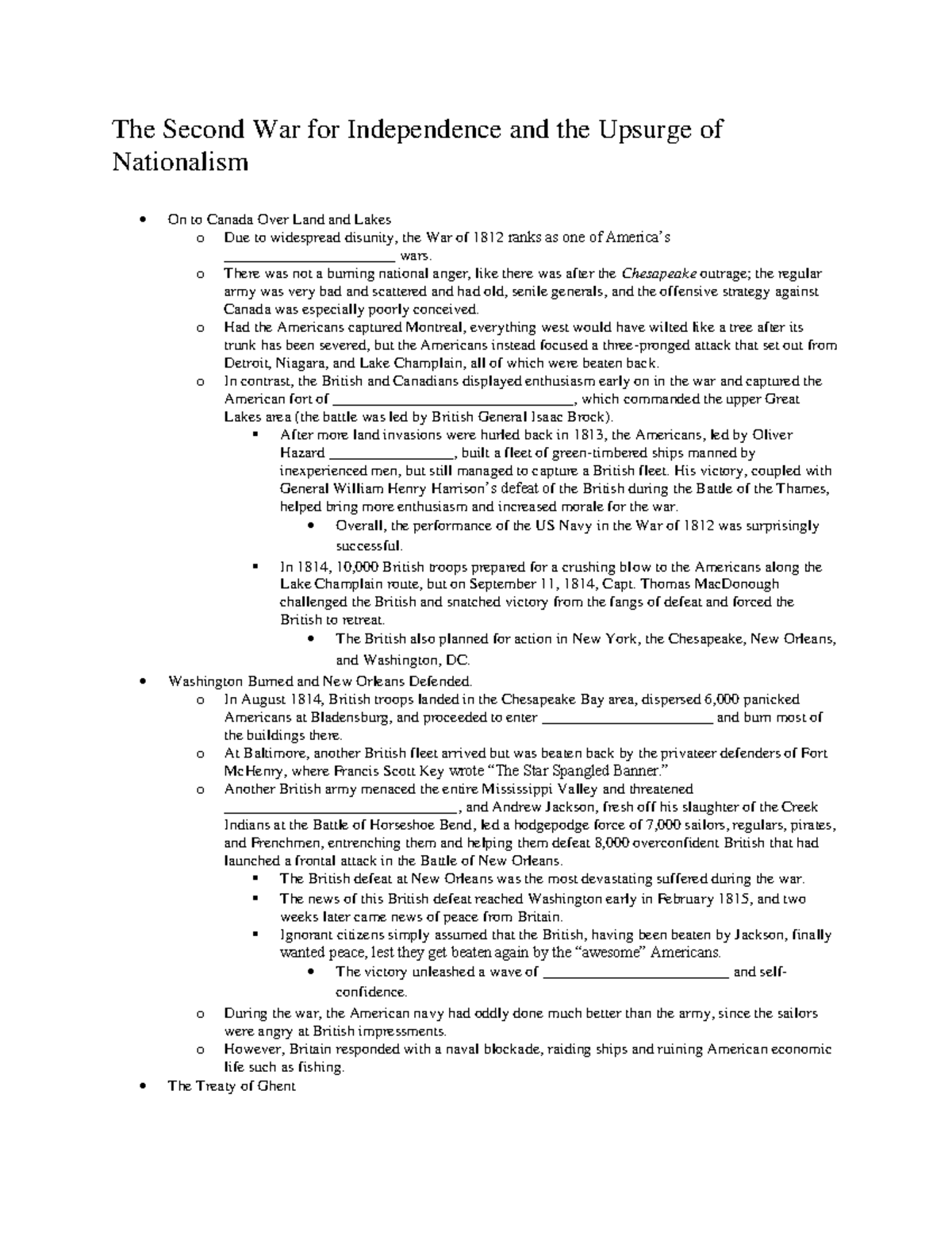 Unit 6 Notes - asdkklf - The Second War for Independence and the ...