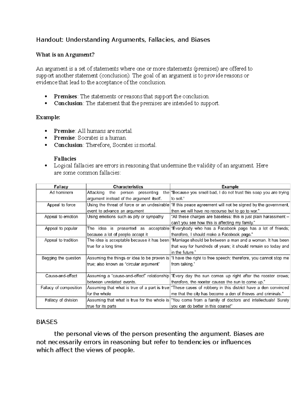 Fallacy AND Biases Handouts - Handout: Understanding Arguments ...