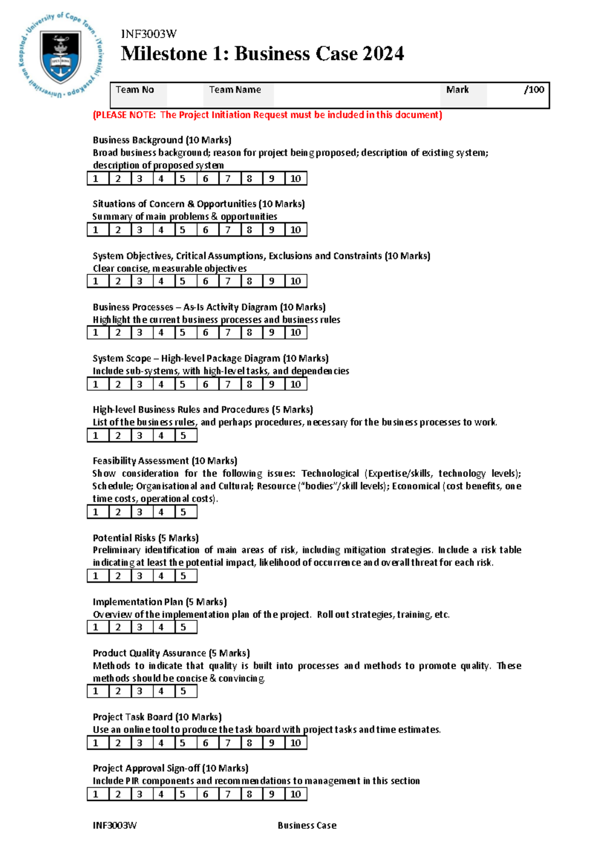 INF3003W Milestone 1 BC Marksheet 2024 - INF30 0 3W Business Case ...