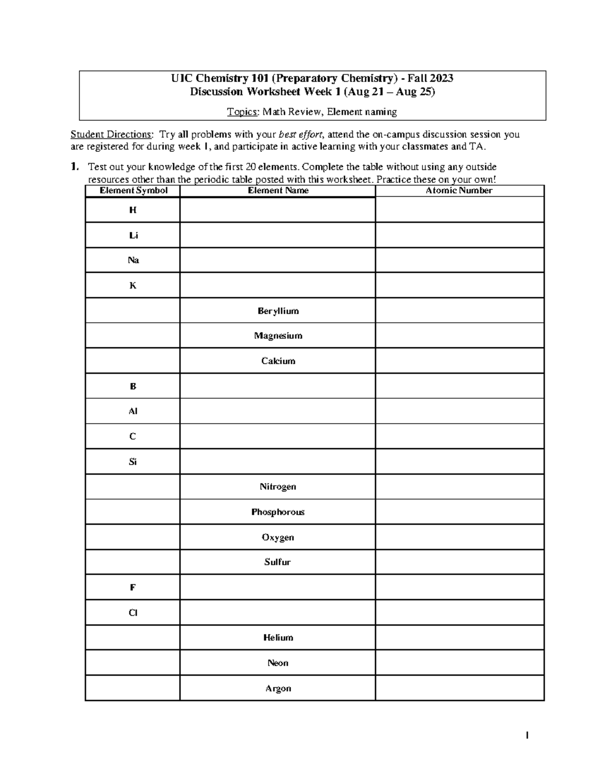 Chem 101 worksheet - Student Directions: Try all problems with your ...