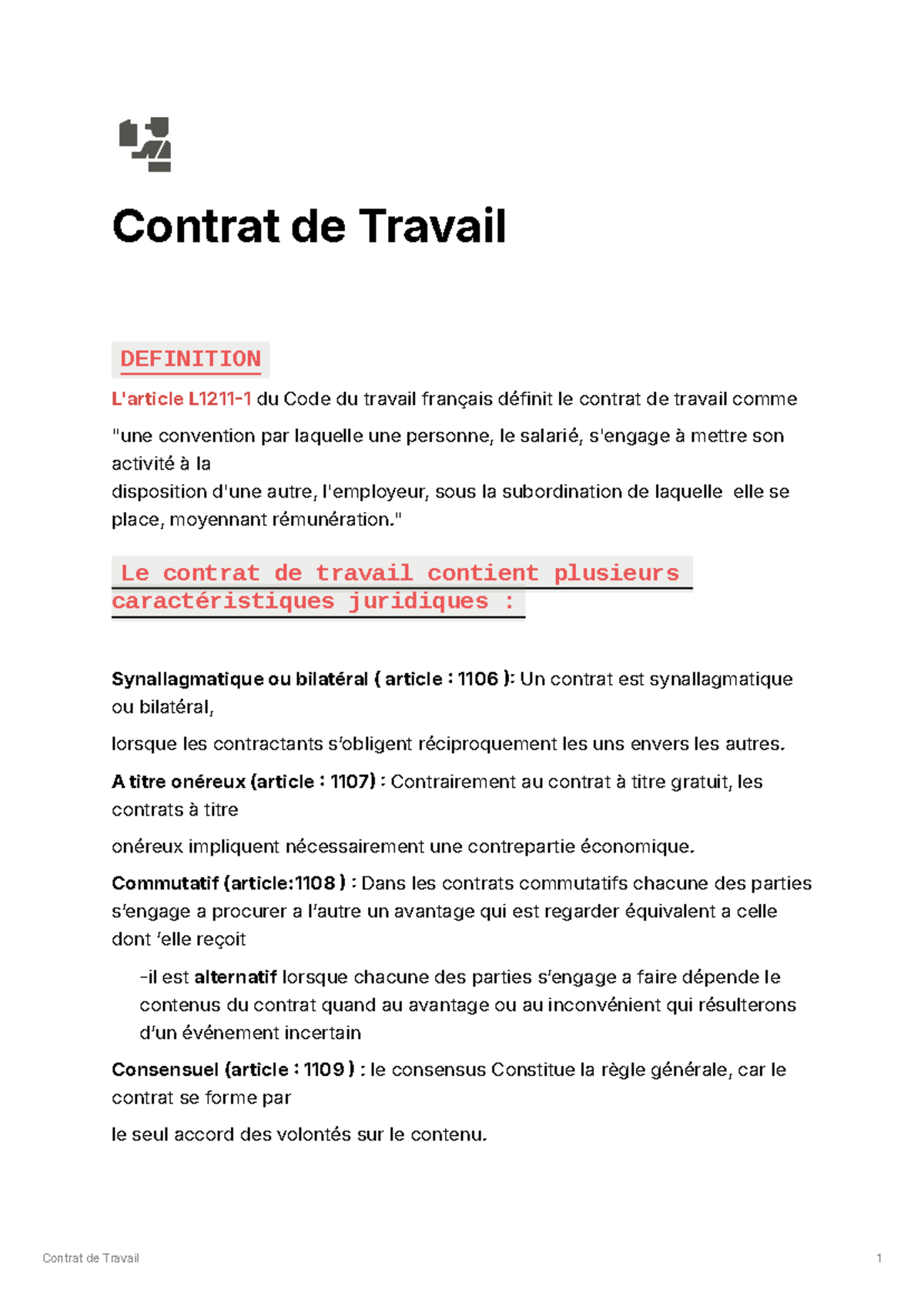 Contrat de Travail - Contrat de Travail DEFINITION L'article L1211 1 du ...