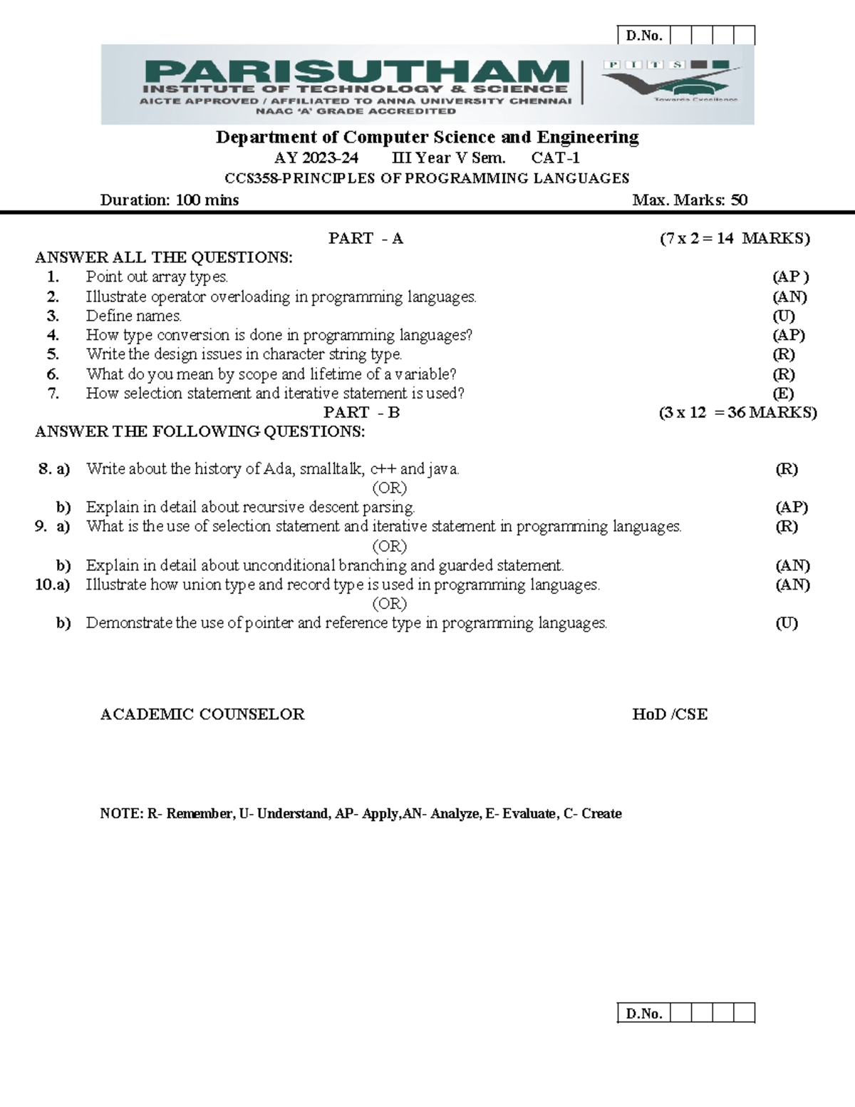 Ppl cat-1 - nil - D. Department of Computer Science and Engineering AY ...