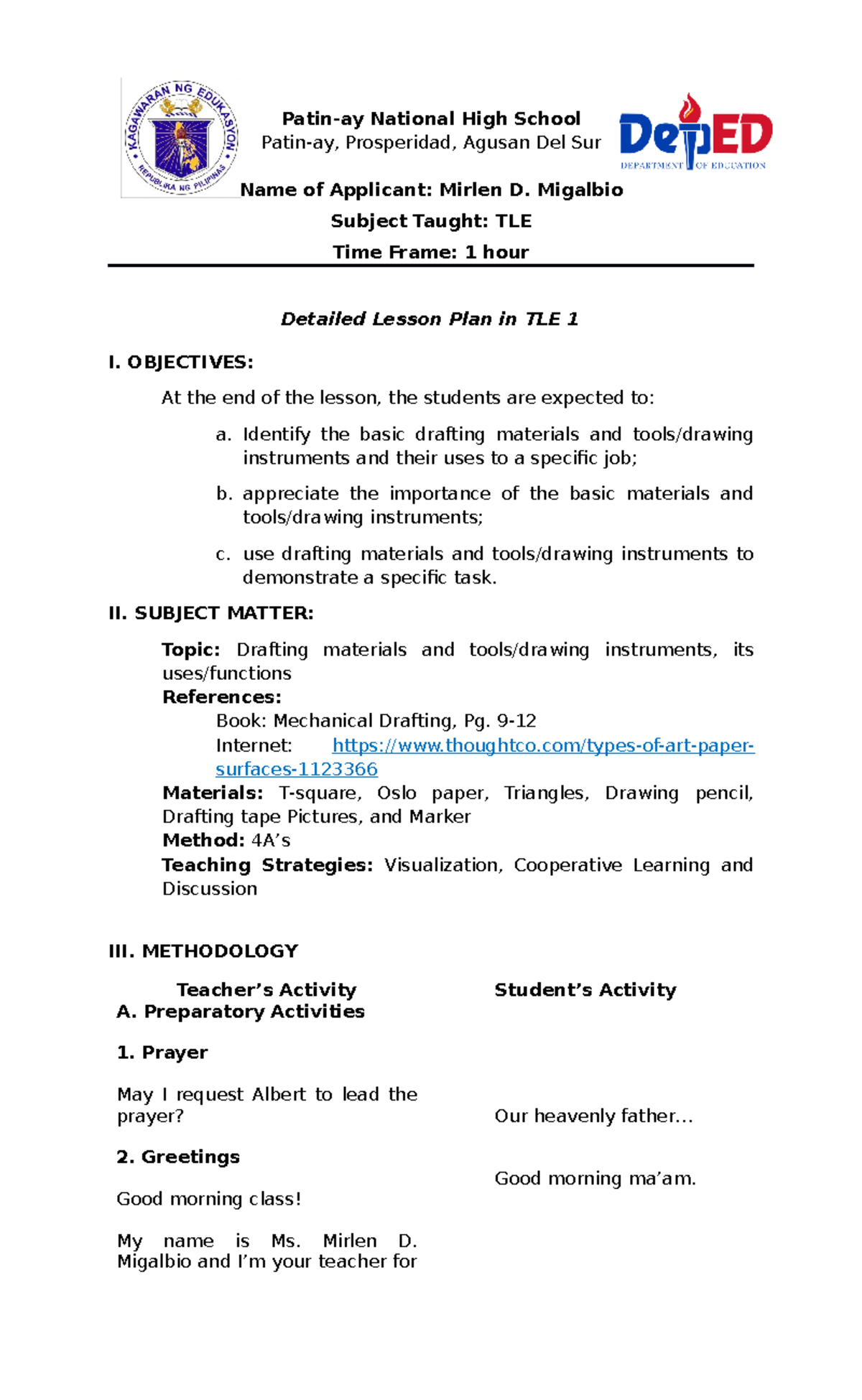 Detailed Lesson Plan in Drafting Final 2 - Patin-ay National High ...