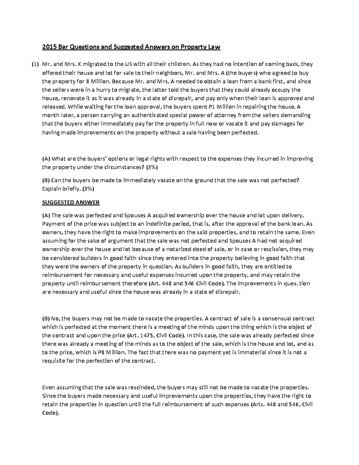 BAR Q A Property Law - 2015 Bar Questions and Suggested Answers on ...