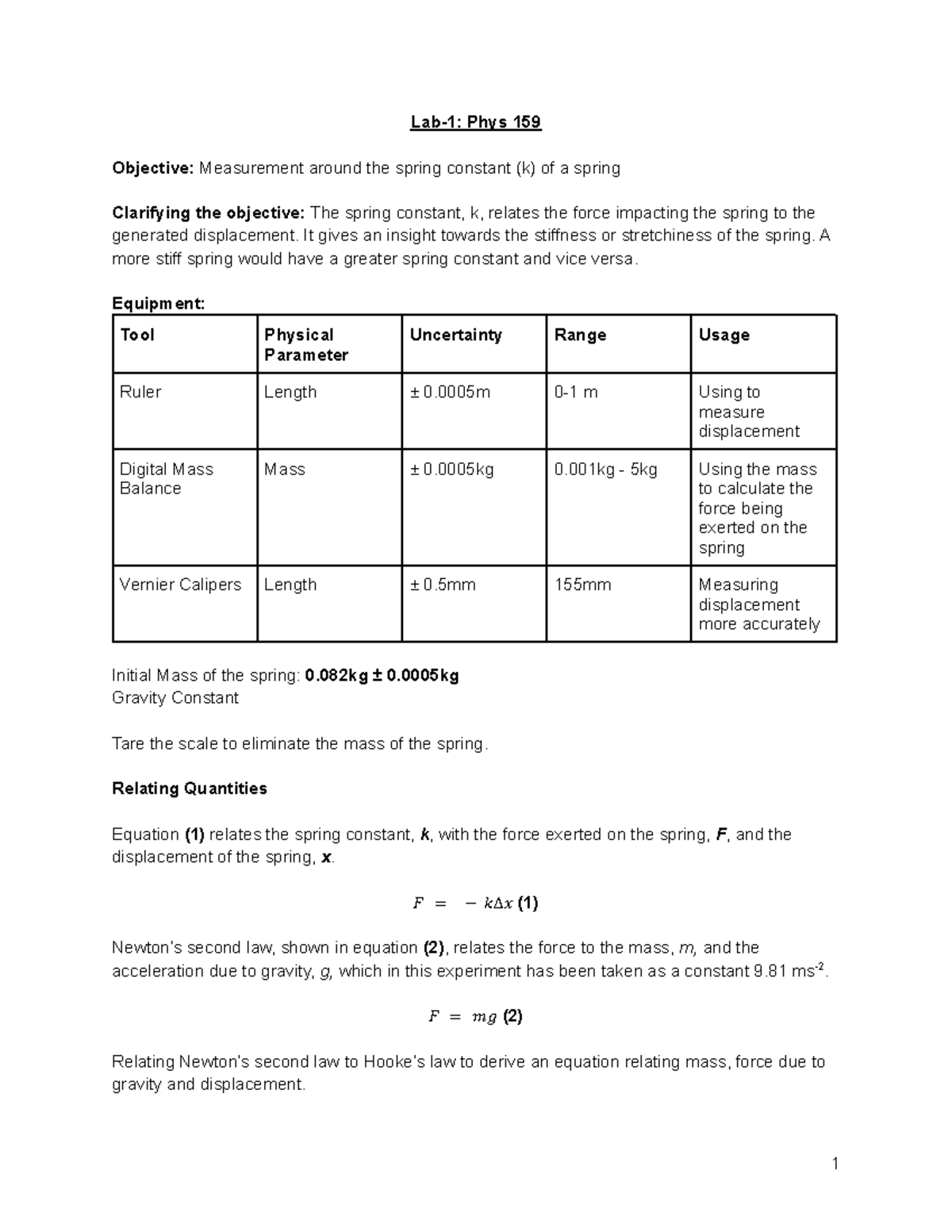 Lab-1 Phys 159 - Lab-1 Phys 159 - Lab-1: Phys 159 Objective: Measurement around the spring ...