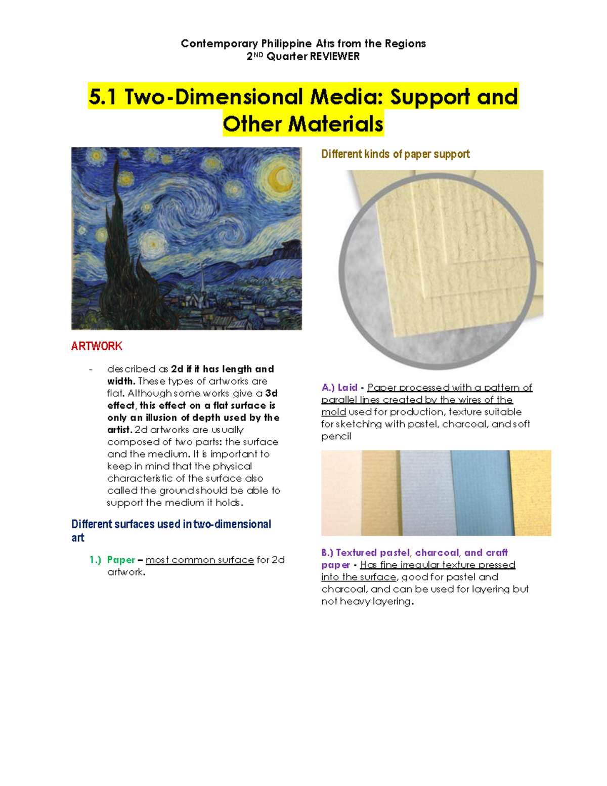 PHIL ARTS 001 (2ND) - notes - 2 ND Quarter REVIEWER 5 Two-Dimensional ...