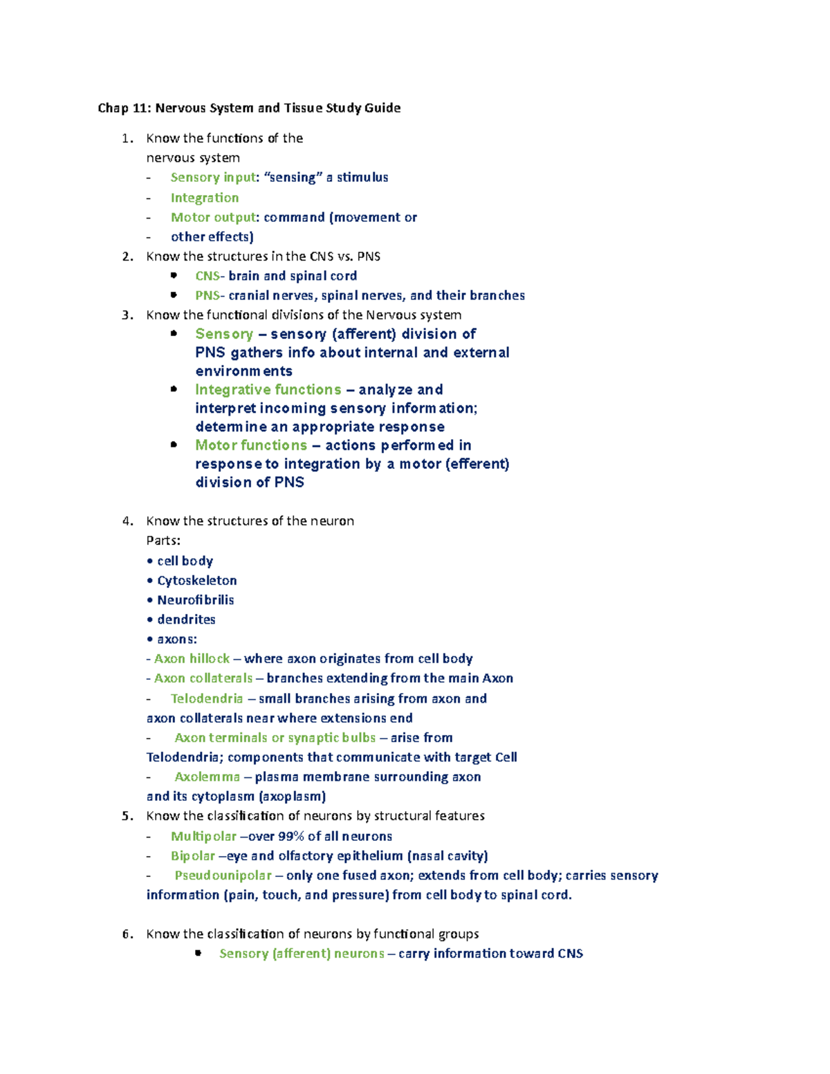 Exam 3 study guide - Chap 11: Nervous System and Tissue Study Guide ...