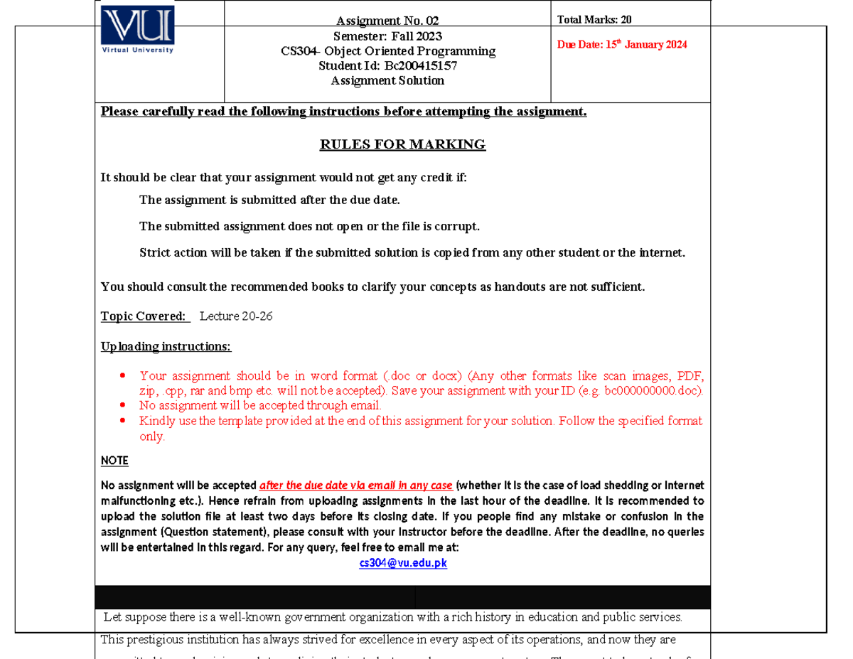 Fall 2023 Cs304 Assignment Solution File Assignment No 02 Semester Fall 2023 Cs304 Object