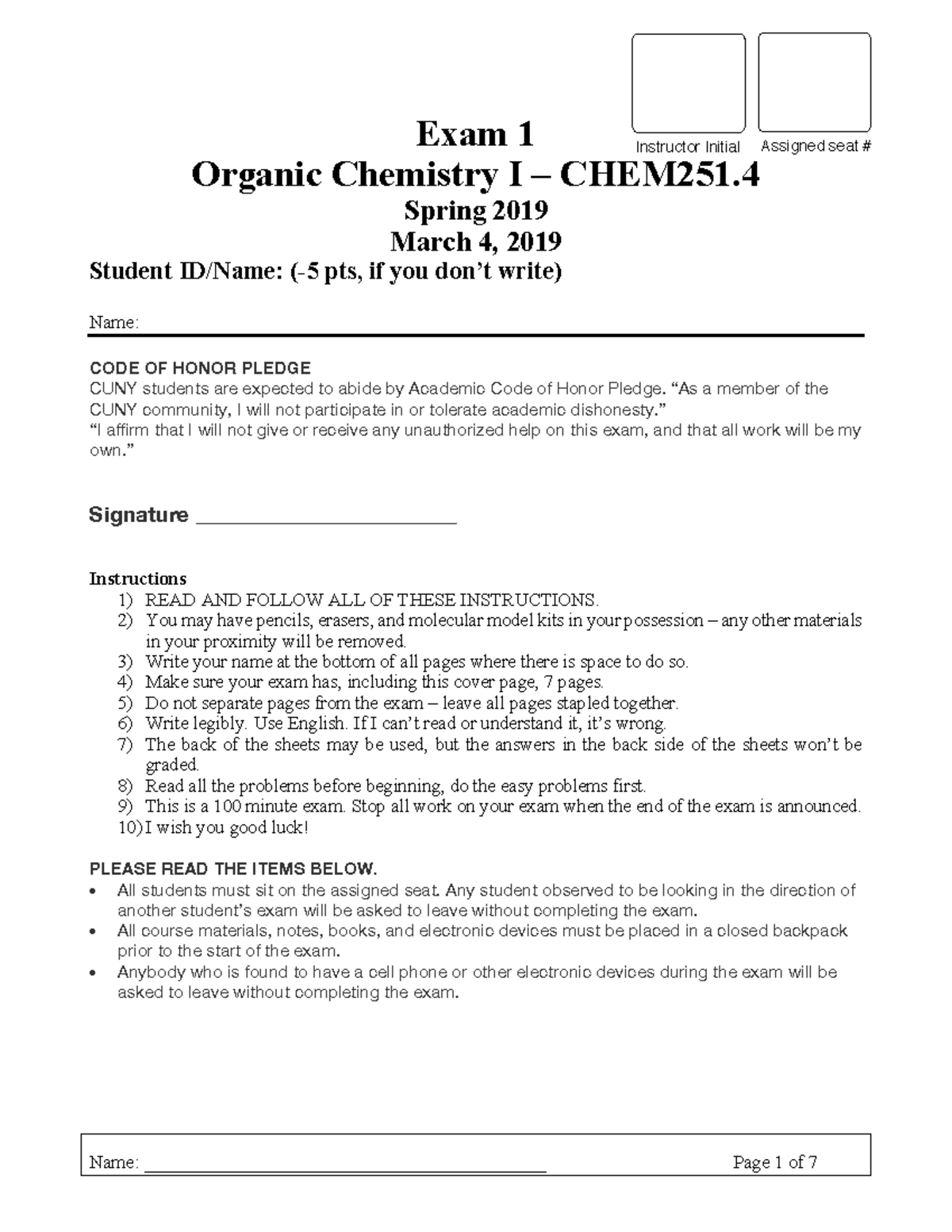 Exam 1 - hgv - Exam 1 Organic Chemistry I – CHEM251. Spring 2019 March ...