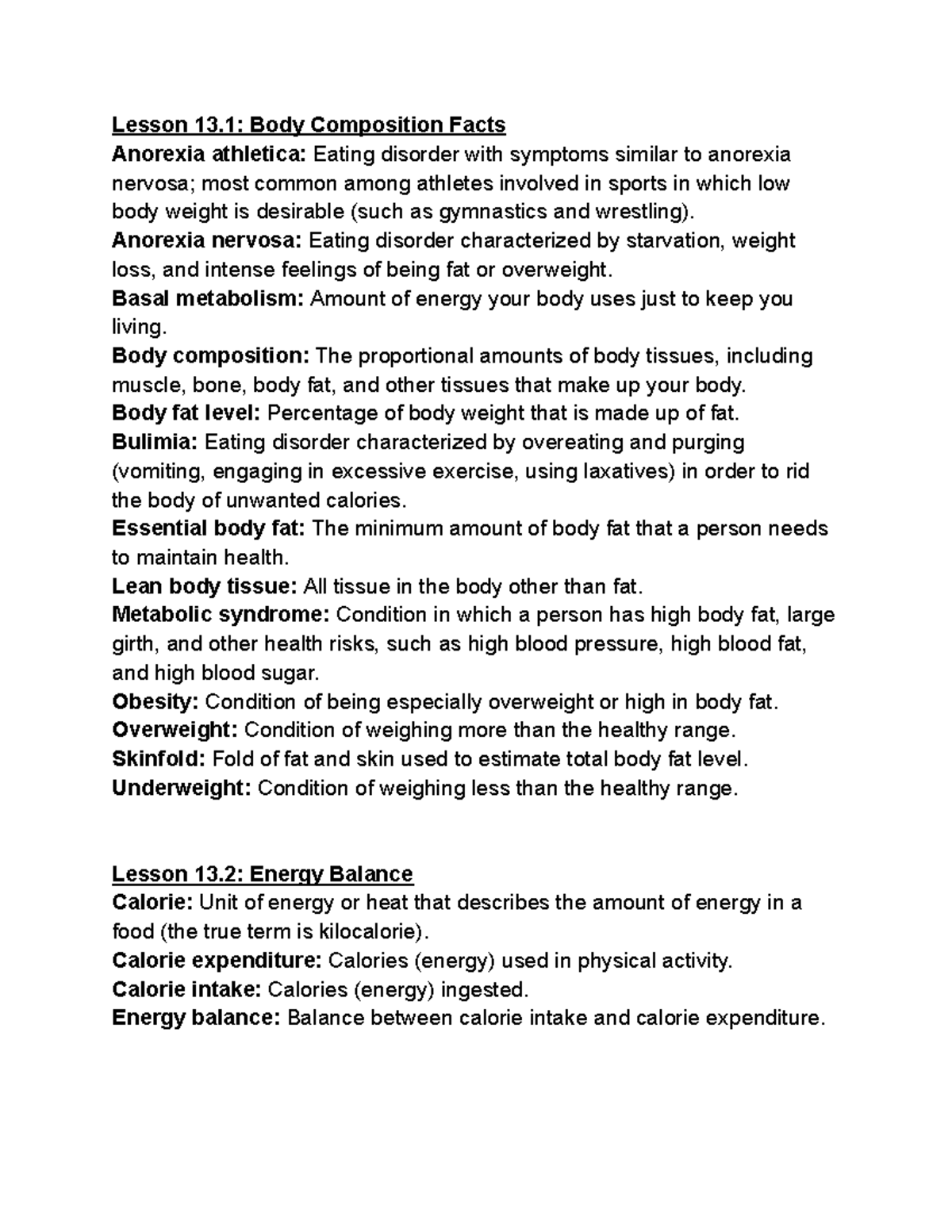 PF Chapter 13 Notes w- Vocab - Lesson 13: Body Composition Facts ...