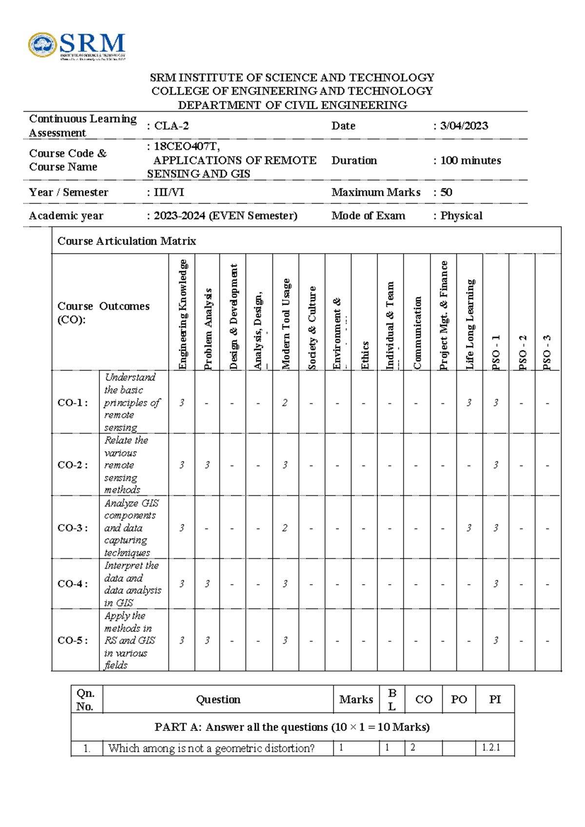 18CEO407T Application of RS and GIS CTII B - SRM INSTITUTE OF SCIENCE ...