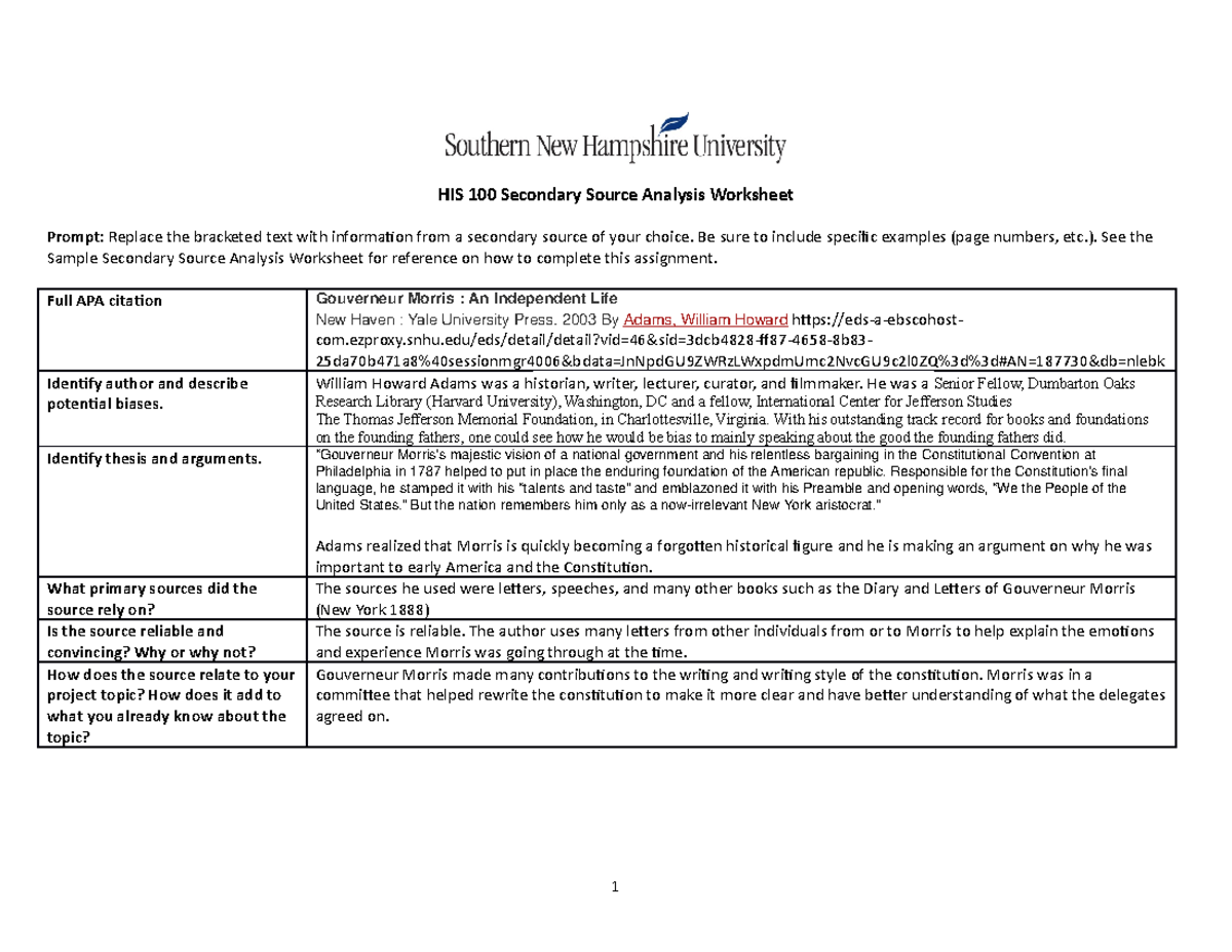 HIS 100 Secondary Source Analysis Worksheet - HIS 100 Secondary Source ...