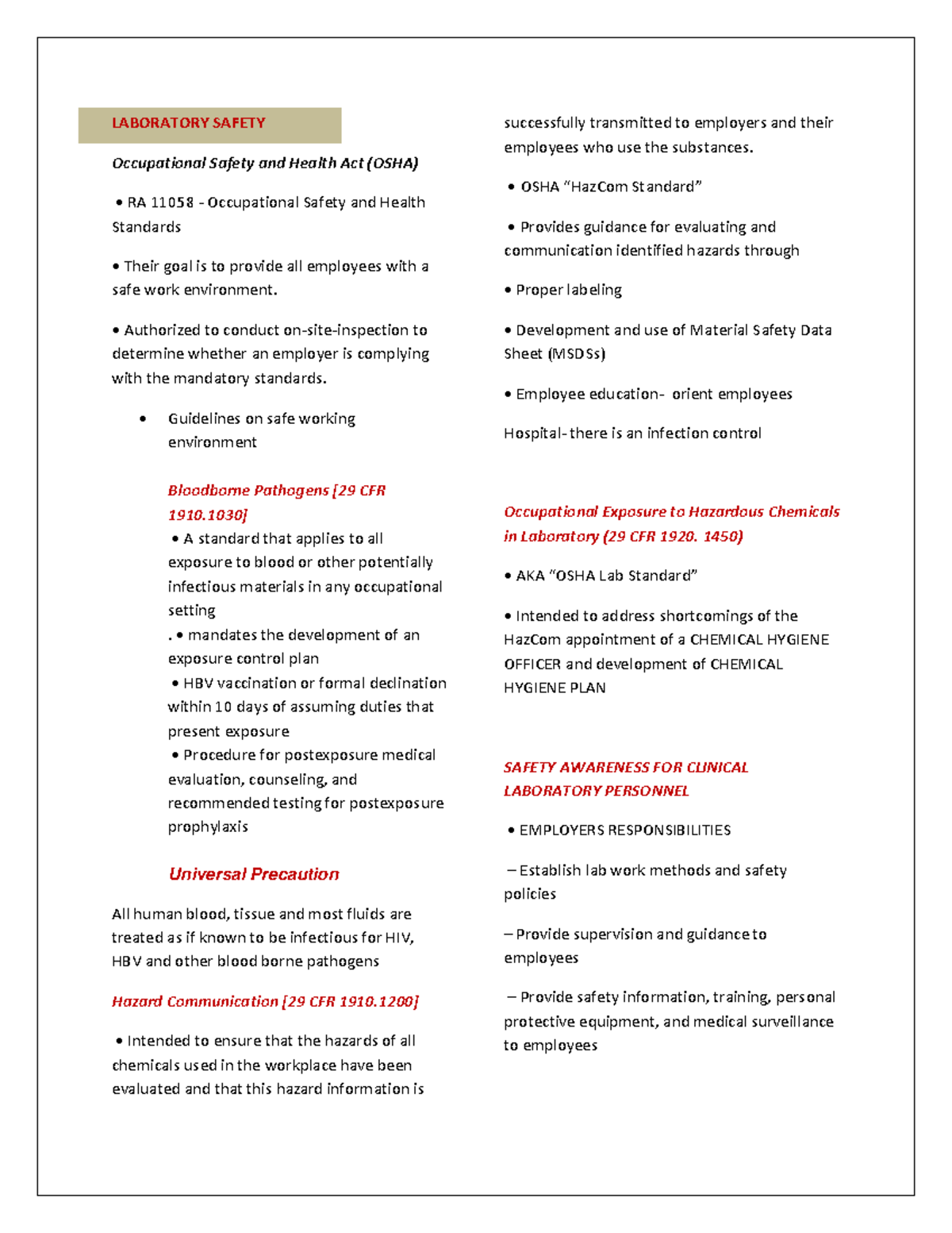 Laboratory Safety - Lecture notes 1 - LABORATORY SAFETY Occupational ...