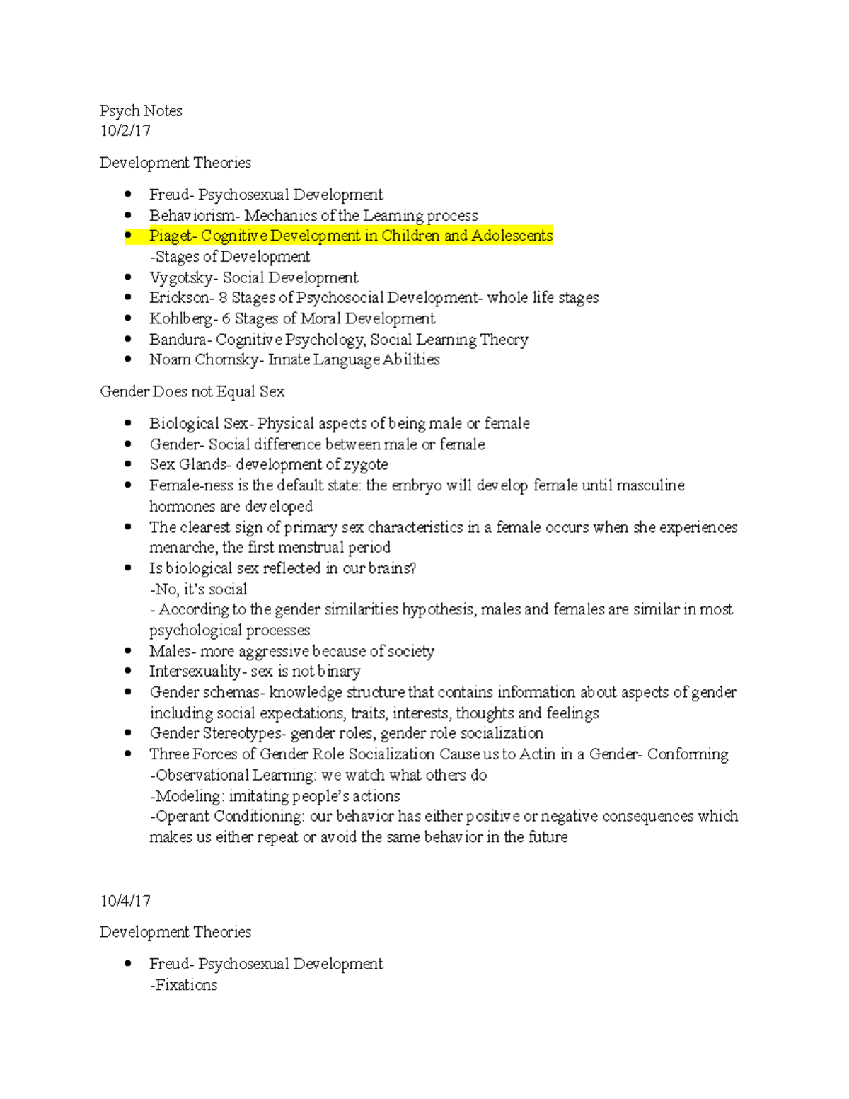 Class Notes Oct 2 - Old Boring professor - Psych Notes 10/2/17 ...