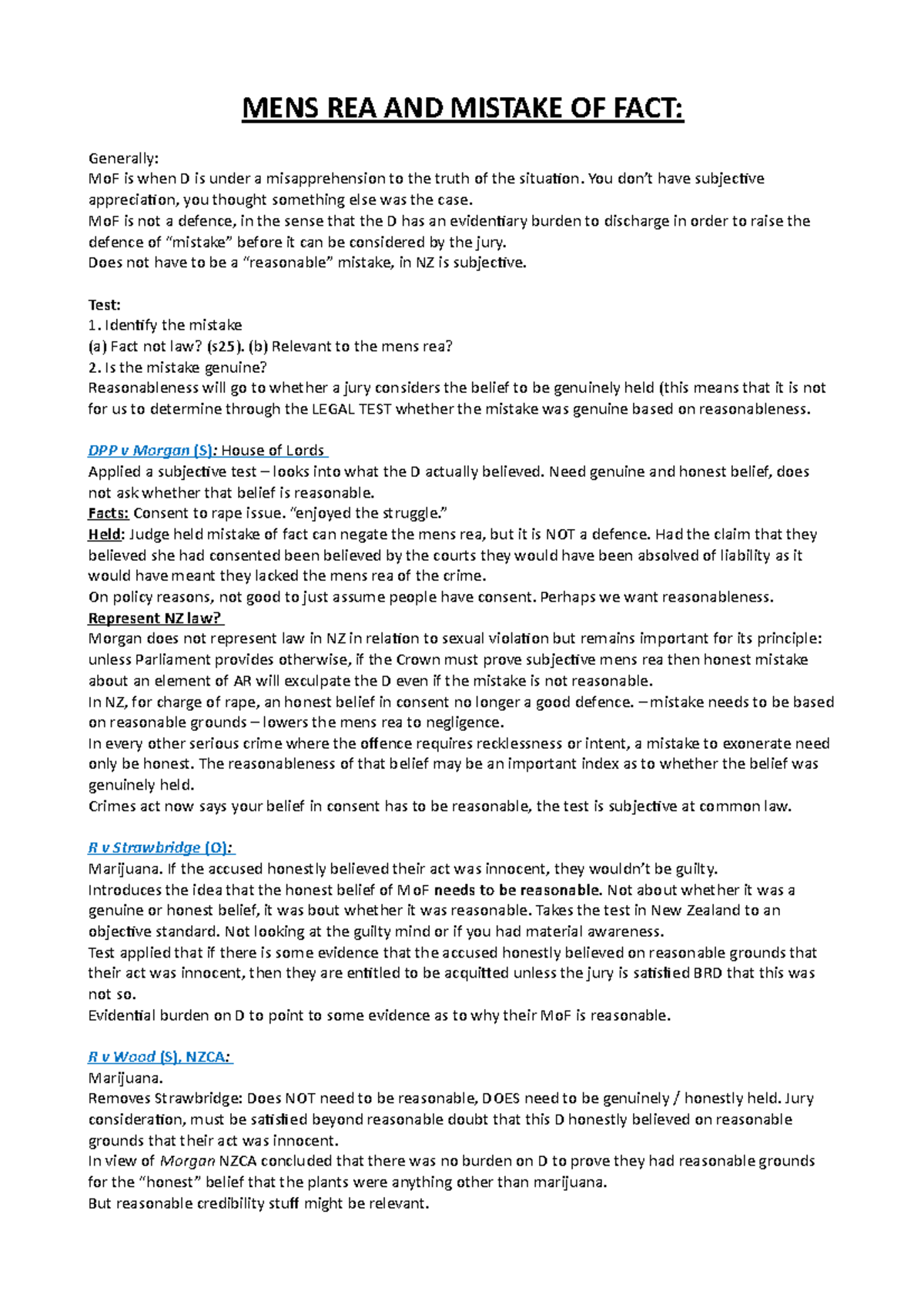 Mistake OF FACT - summary - MENS REA AND MISTAKE OF FACT: Generally ...