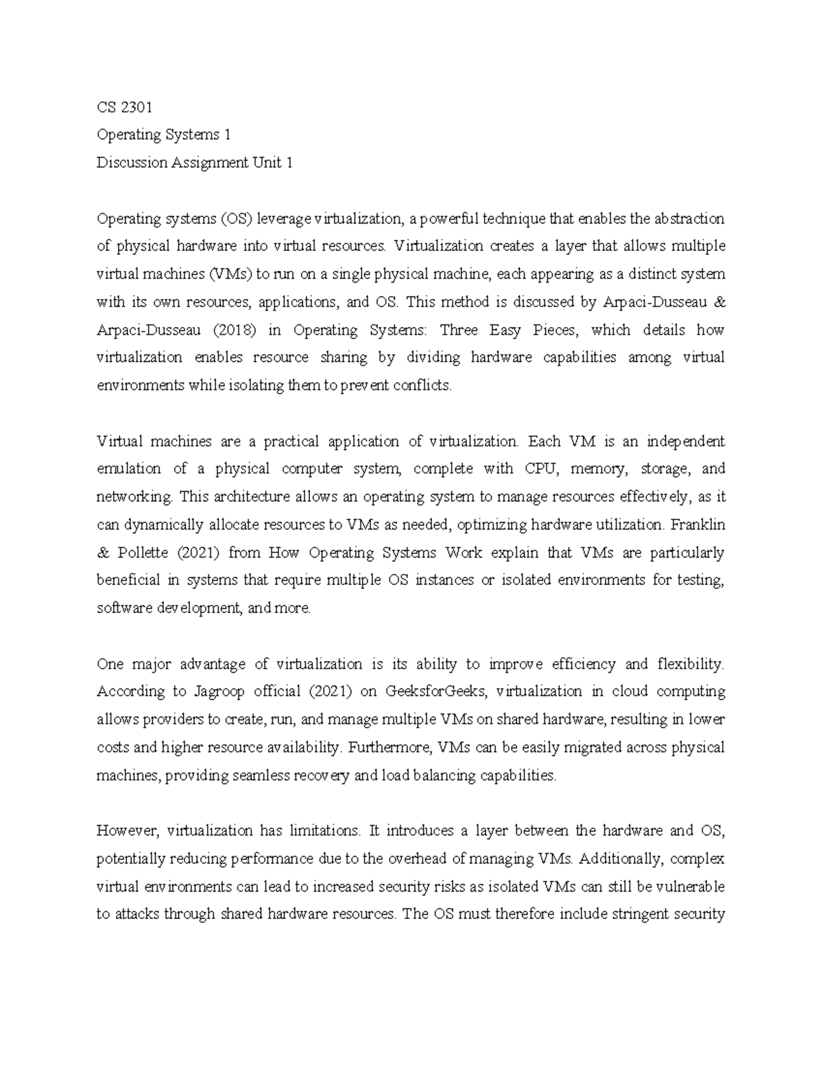 CS 2301 Discussion Assignment Unit 1 - CS 2301 Operating Systems 1 ...