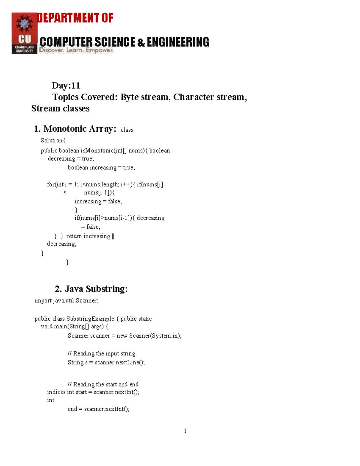 Advance Java - COMPUTER SCIENCE & ENGINEERING Day: Topics Covered: Byte stream, Character - Studocu
