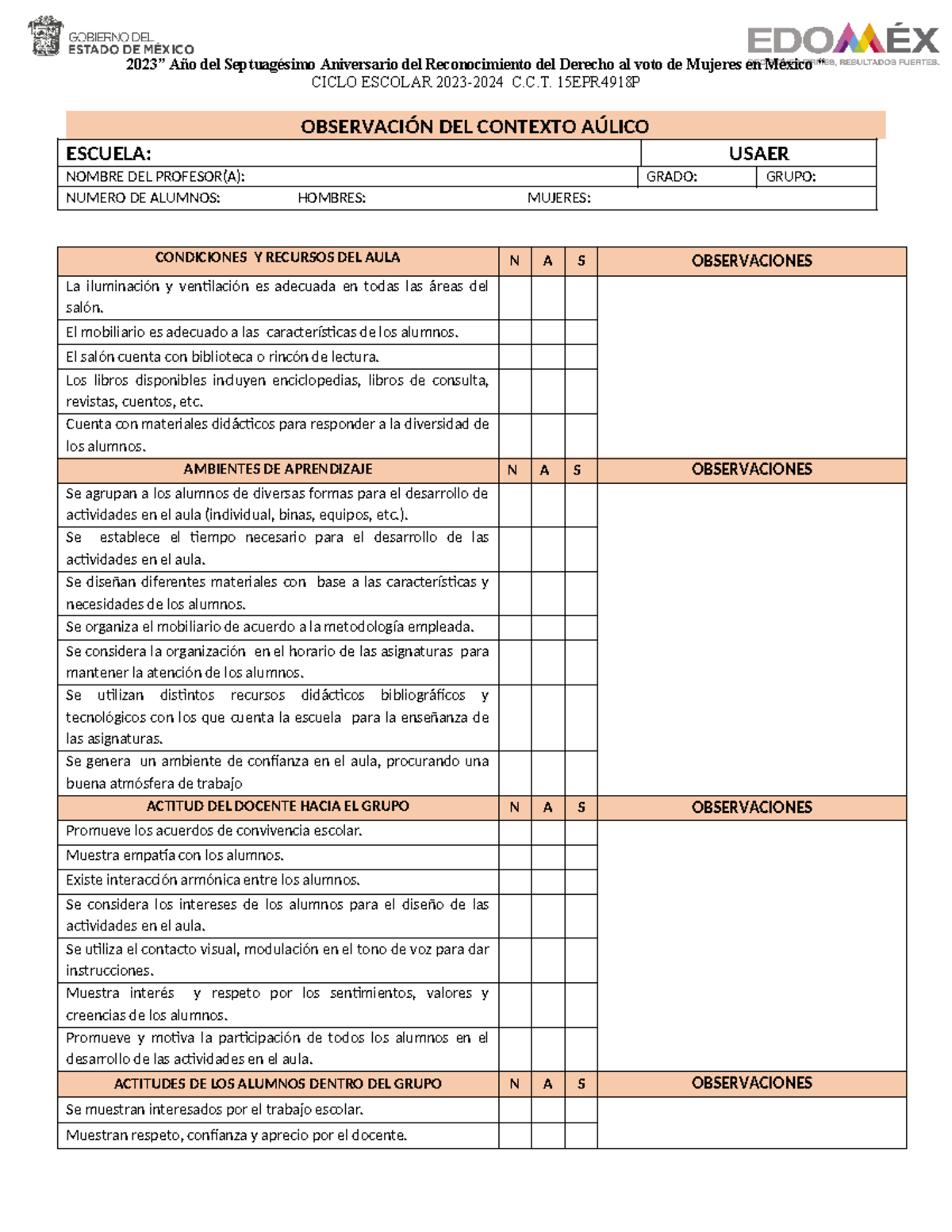 GUÍA DE Observación DEL Contexto Aulico - CICLO ESCOLAR 2023-2024 C.C. 15EPR4918P OBSERVACIÓN ...