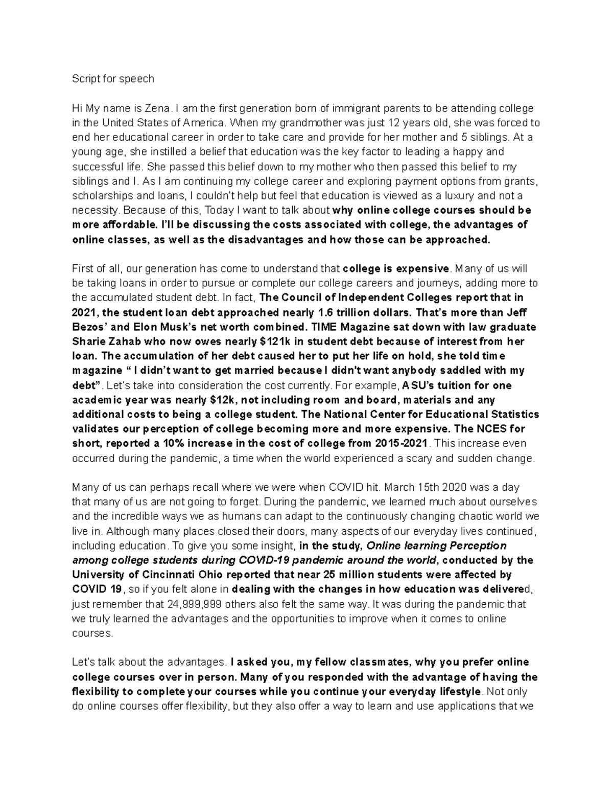 Untitled document 3 - zzz - Script for speech Hi My name is Zena. I am ...